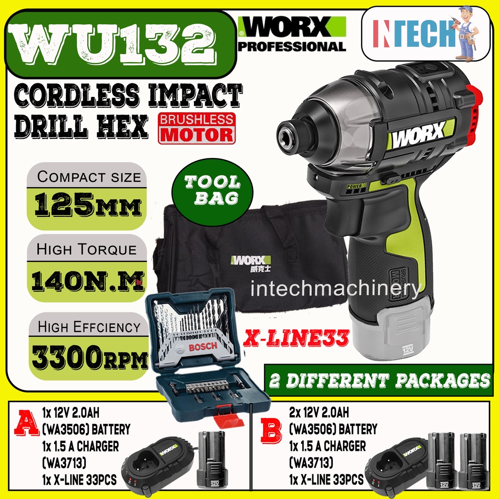 WORX WU132 CORDLESS IMPACT DRILL HEX MAX LITHIUM-ION C/W BOSCH X-LINE ...