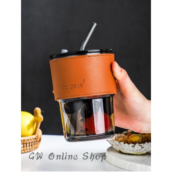 🎉Ready Stock 🎉Ins style 450ml Glass Straw Cup Coffee Cup with leather handle | Shopee Malaysia