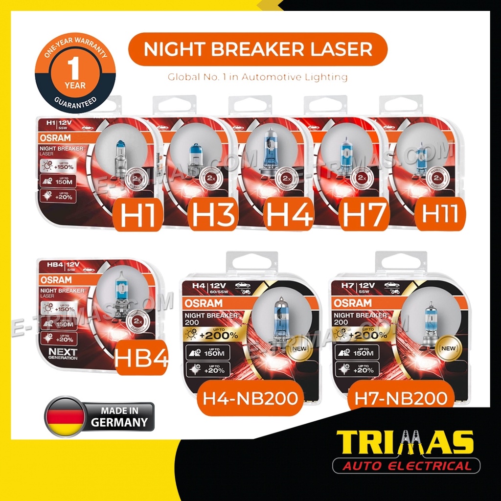 TRIMAS Osram Night Breaker Laser NB200 +200% Brightness H1 H3 H4 H7 H8 H11 HB3 9005 HB4 9006 ...