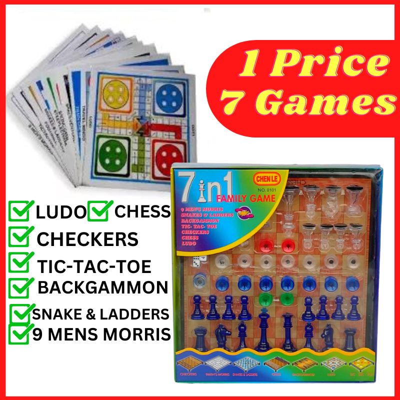 Mainan 7 in 1 Family Magnetic Board Games Checkers 9mens Morris Snake ...