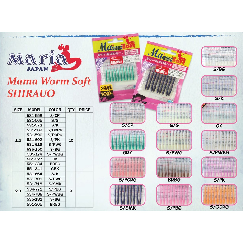 MARIA fishing lure MAMA WORM SOFT SHIRAUO Size 1.5 / 2.0 Worm Soft Bait ...