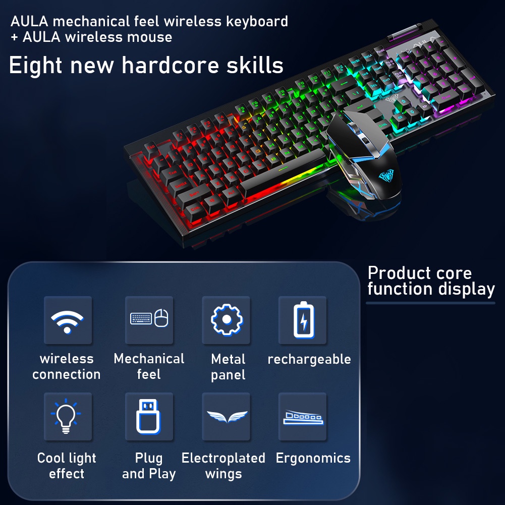AULA T610 Wireless Gaming keyboard Mouse Combo Mechanical Feel ...