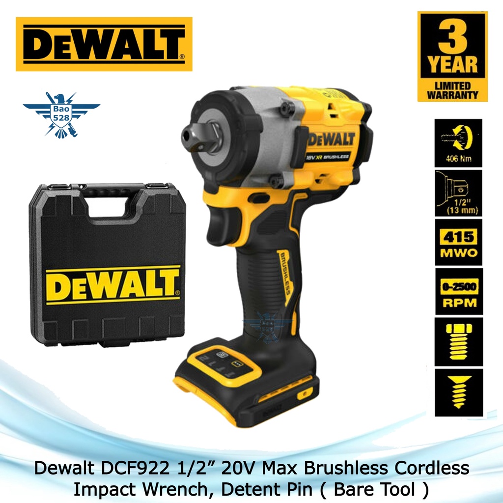 Dewalt DCF922 1/2” 20V Max Brushless Cordless Impact Wrench, Detent Pin ...