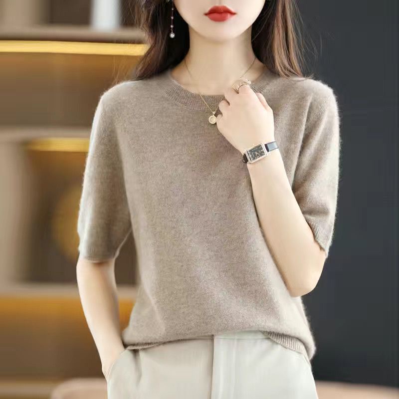 Round Neck Short Sleeved Women Loose Short Knit Thin Sweater | Shopee ...