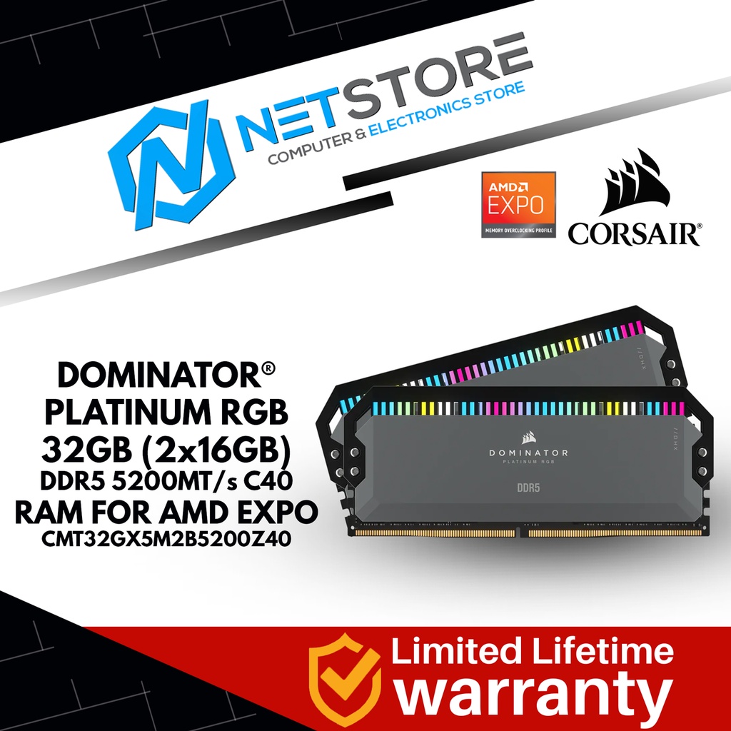 CORSAIR DOMINATOR PLATINUM RGB 32GB (2x16GB) DDR5 DRAM 5200MT/s C40 RAM FOR AMD EXPO ...