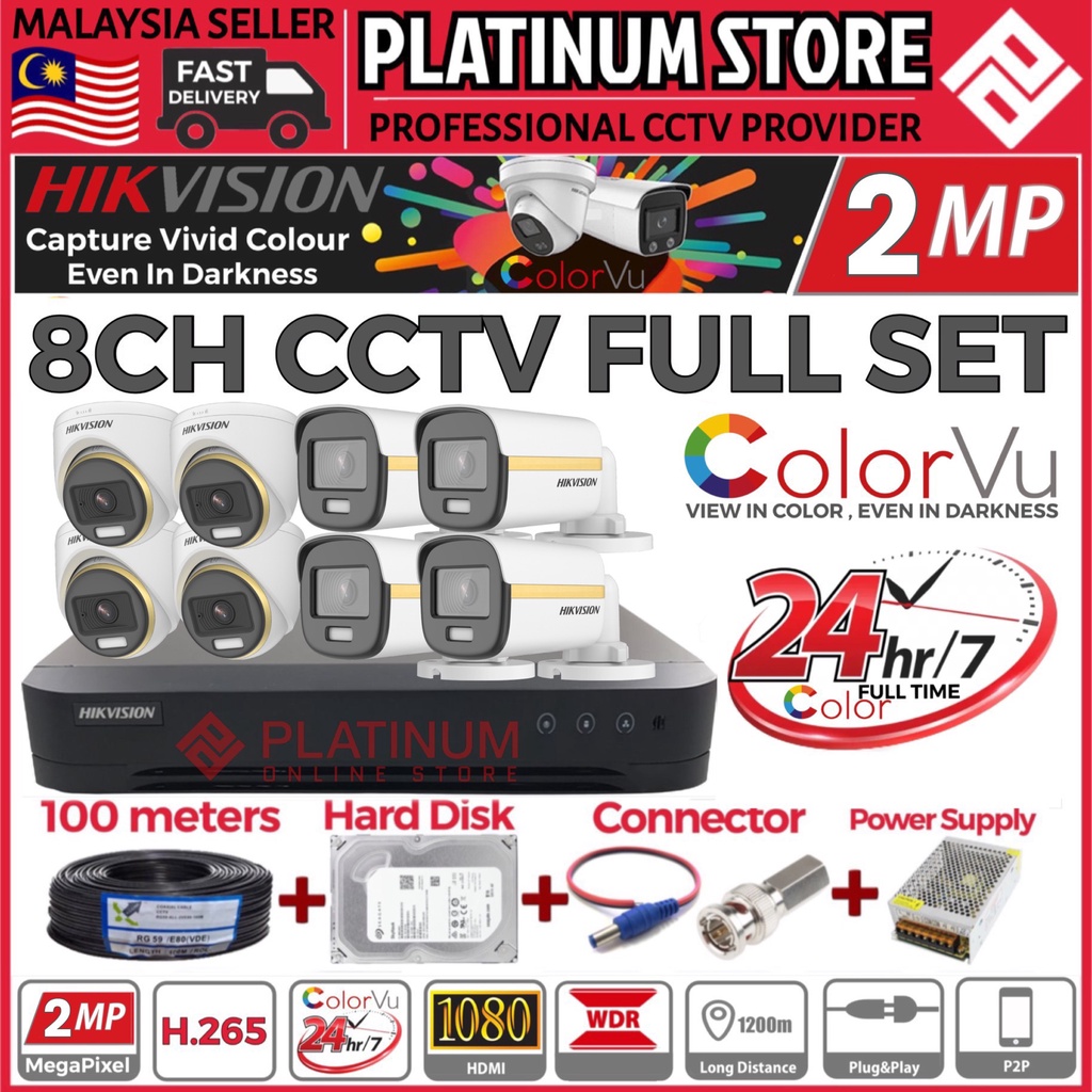 HIK HIKVISION ColorVu 8CH Full Complete Set 8 CHANNEL 2.0MP CCTV ...