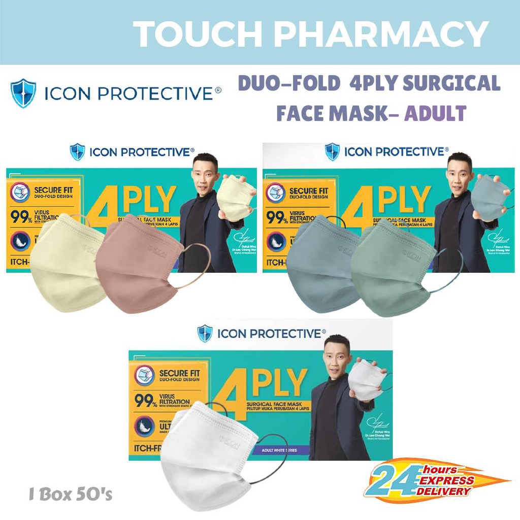 ICON PROTECTIVE Duo-Fold 4PLY Surgical Face Mask Adult 50's BOX (Autumn ...