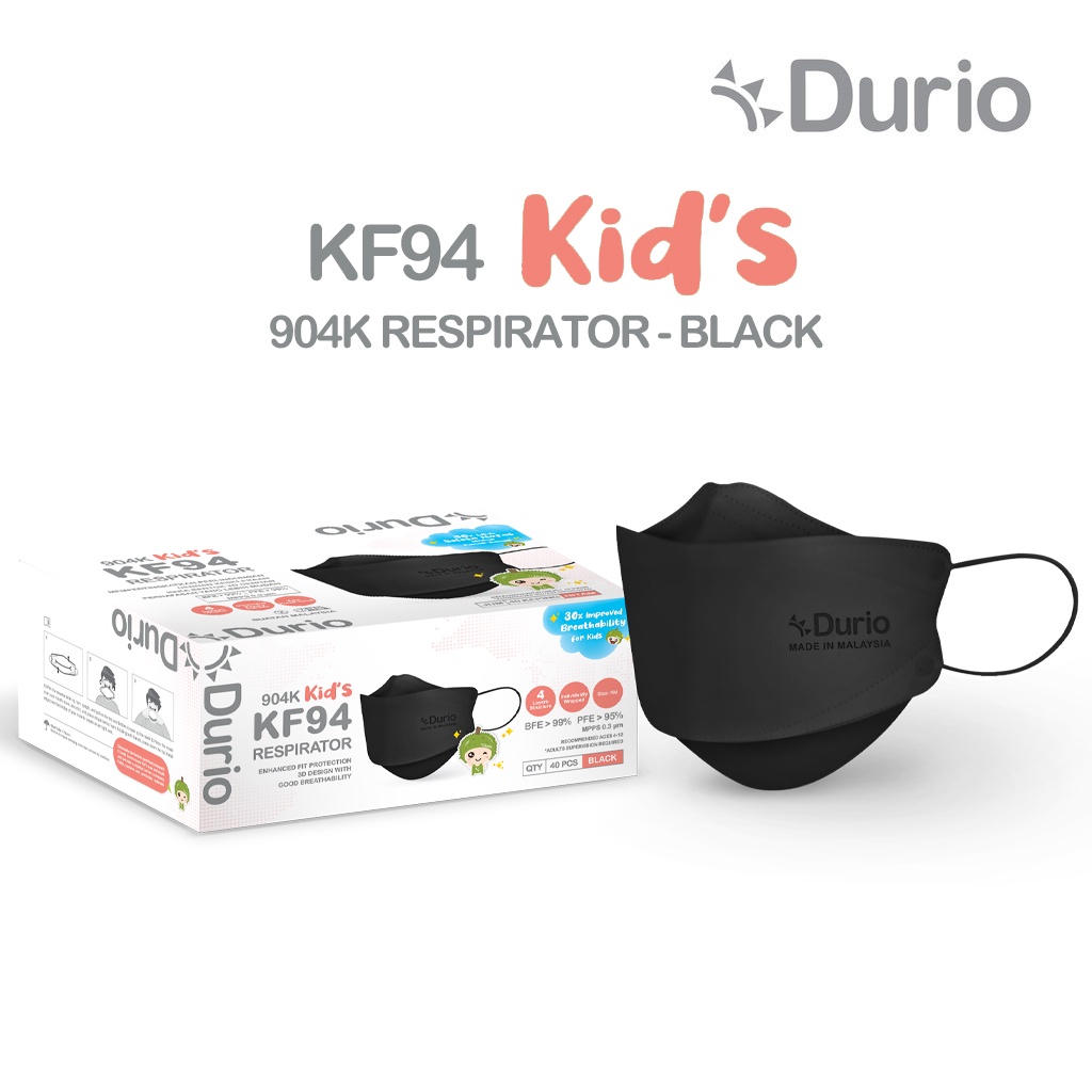 Durio 904K Kid's KF94 Respirator (Black) - 40pcs | Shopee Malaysia