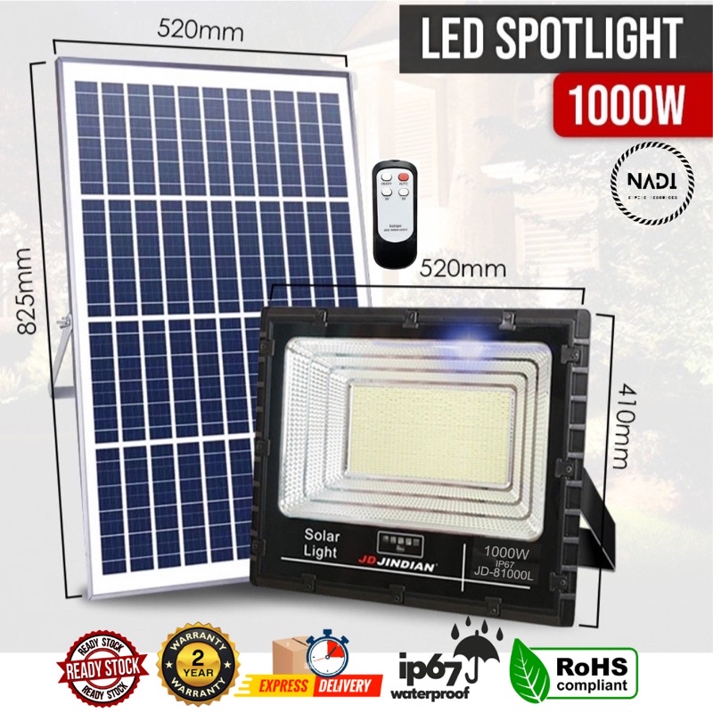 1000 WATT JD LED SOLAR FLOOD / SPOT LIGHT 1000W / LAMPU SOLAR SPOTLIGHT JIN DIAN 2 TAHUN ...