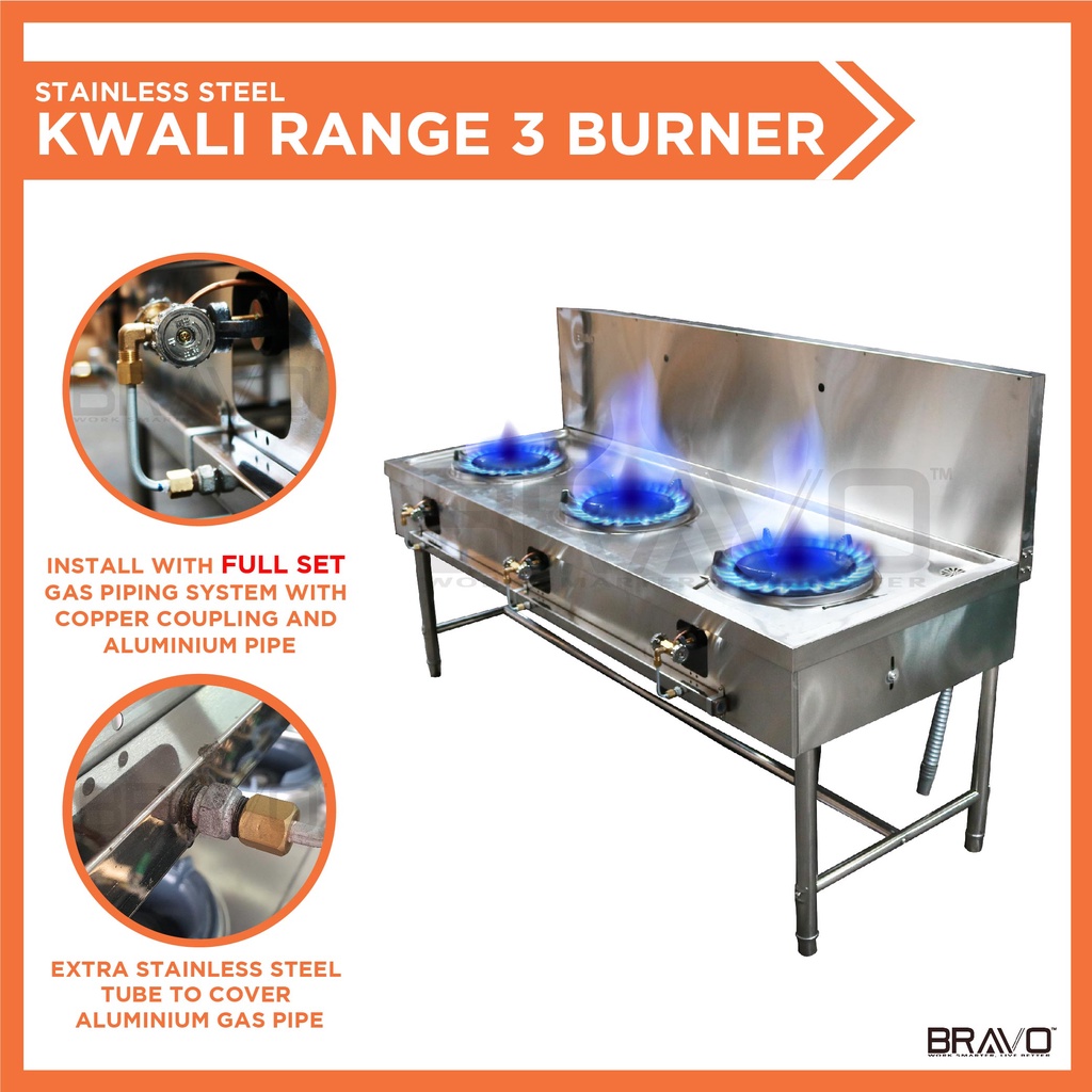 BRAVO Dapur Gas Masak Stainless Steel Kwali Range 3 Burner High ...