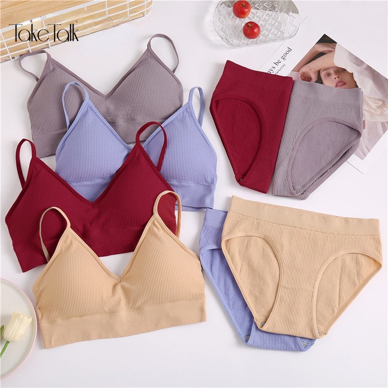 Take Talk Women Padded Bra Panties Set Soft Backless Tops Wireless Bras ...