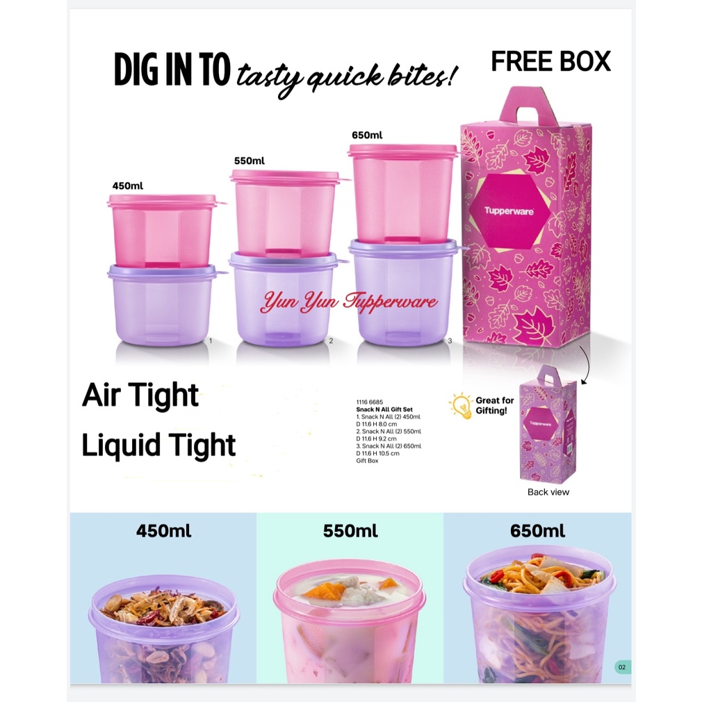 Tupperware Snack N All Gift Set (3 PCS / 6 PCS) 450ml / 550ml / 650ml ...
