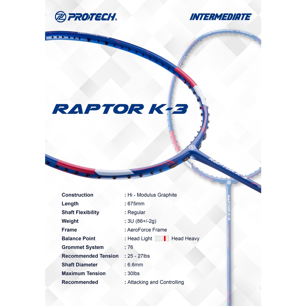 PROTECH RAPTOR K3 (Unstrung) (100% ORIGINAL) MAX 30 LBS BADMINTON ...