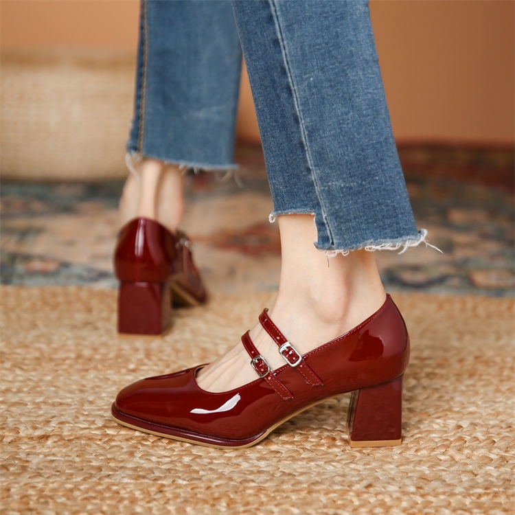 Wedding Wine Red Mary Jane Shoes Women's Square Toe Low-Cut Vintage ...
