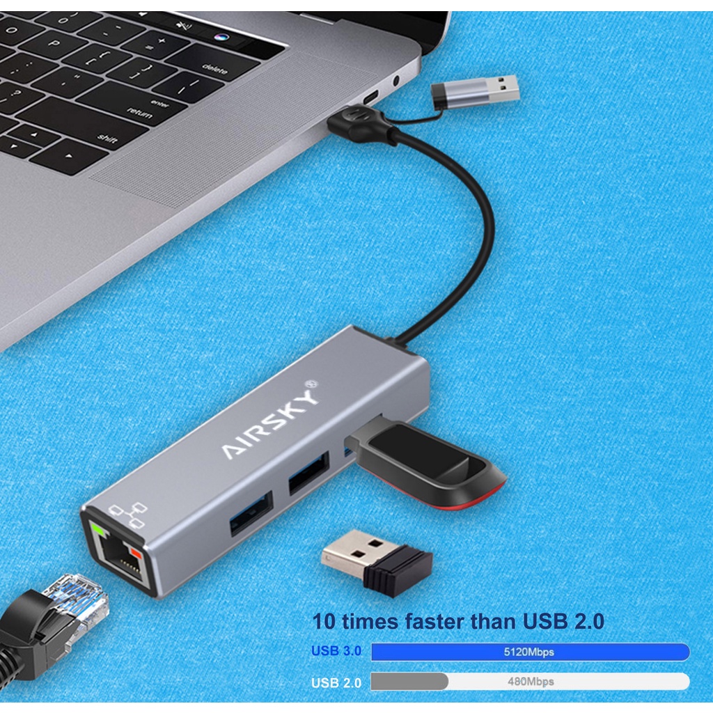Usb TYPE C to HUB USB 3 Port + Lan Ethernet Lan 10/100Mbps AIRSKY ...