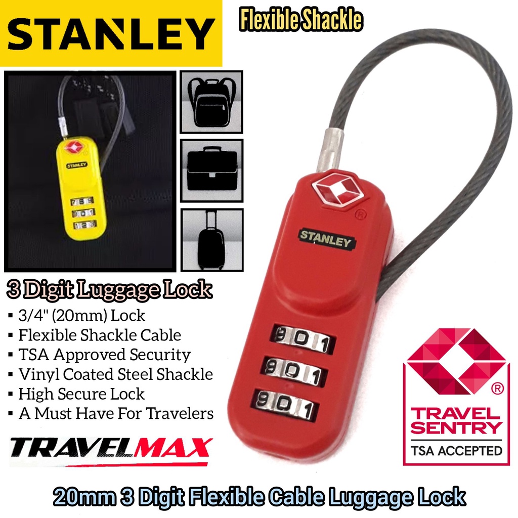 STANLEY 20MM 3 DIGIT FLEXIBLE CABLE LUGGAGE PADLOCK FOR TSA SECURITY ...