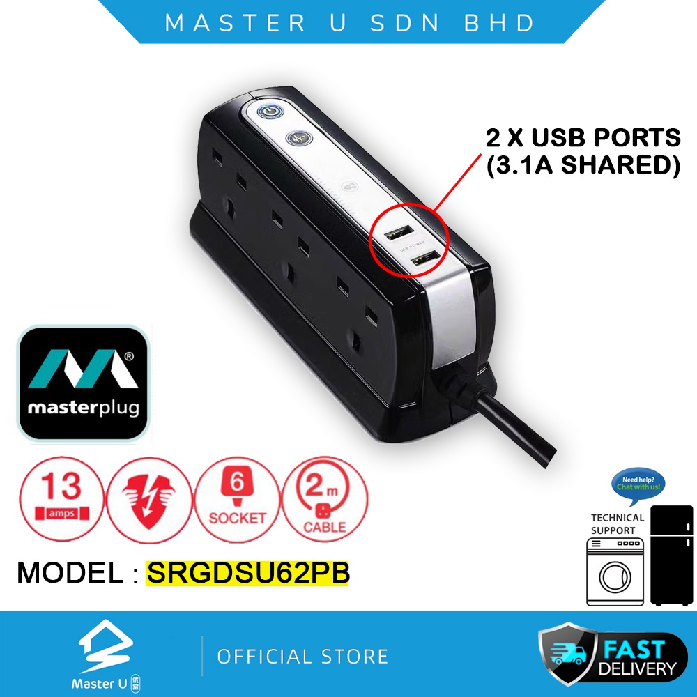 MasterPlug 6 Gang Surge Protector + 2 USB (3.1A) - Black (SRGDSU62PB ...