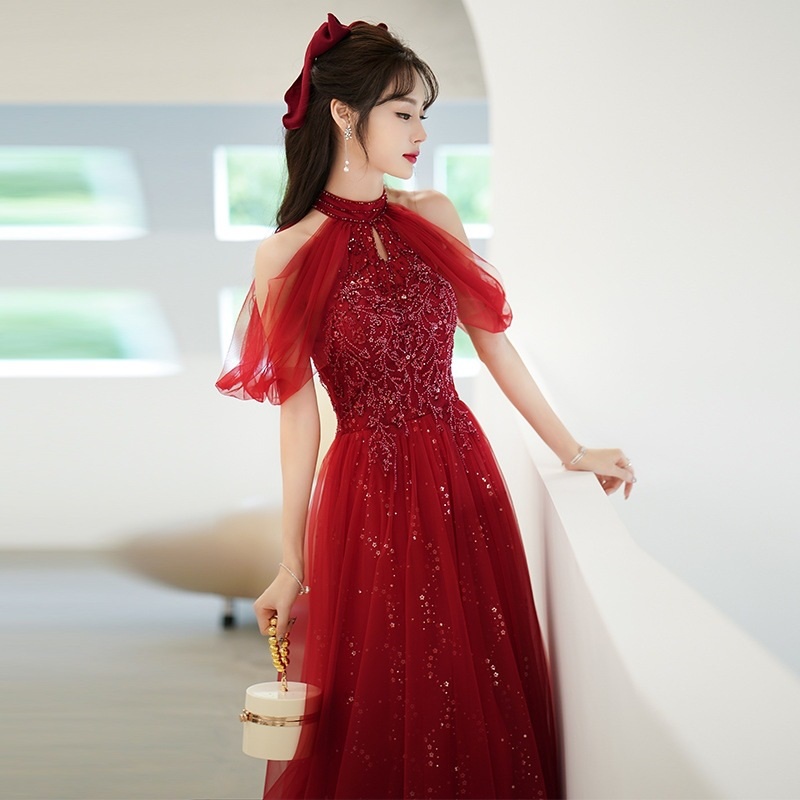 Wine Red Sequin Bride Toast Dress Fairy Temperament Halter Neck Beaded ...