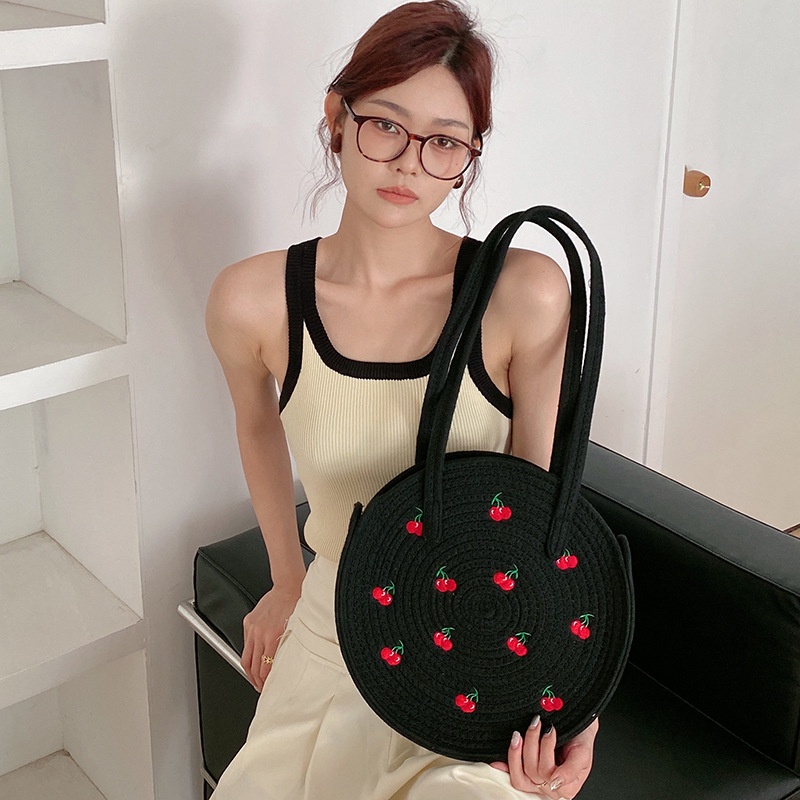 New Korean Shoulder Bag INS style Embroidered Cherry Circular Tote Large capacity Woman bag ...