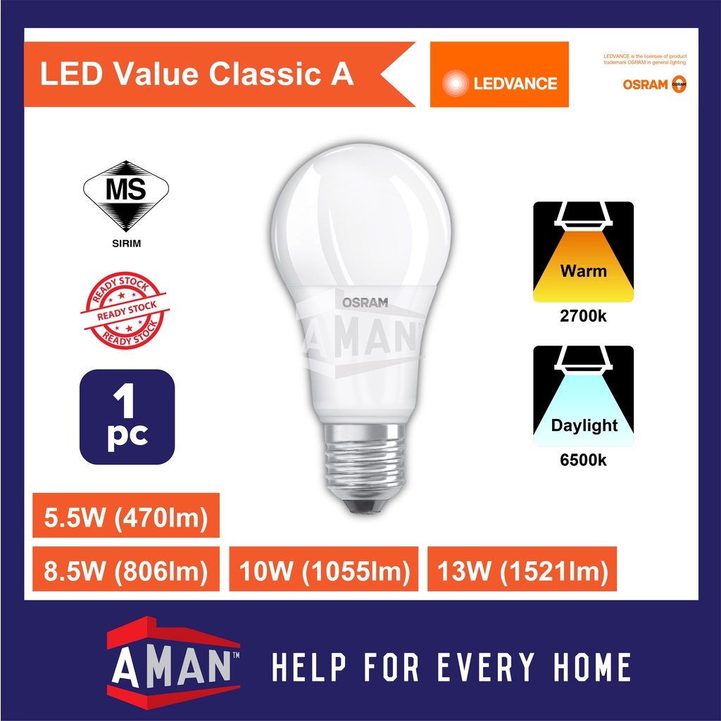 OSRAM SIRIM LED Bulb E27 Value Classic A Energy Saver Ledvance Daylight Warmwhite Mentol Lampu 5 ...