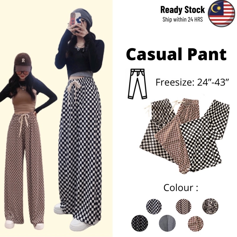 Women High Waist Wide Leg Pants Ice Silk Thread Printing Pants ...