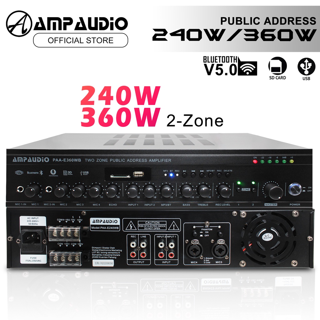 AmpAudio 240W/ 360W Public Address 2-Zone Selector Bluetooth USB Amplifier (4Ω-16Ω / 70V-100V ...