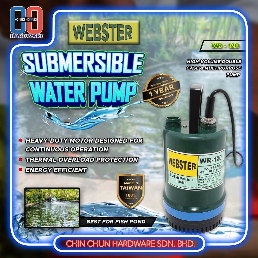 WEBSTER WR-120 SUBMERSIBLE PUMP | WR120 POND & WATERFALL SUBMERSIBLE PUMP | 1/6 HP POWER | 2800 ...