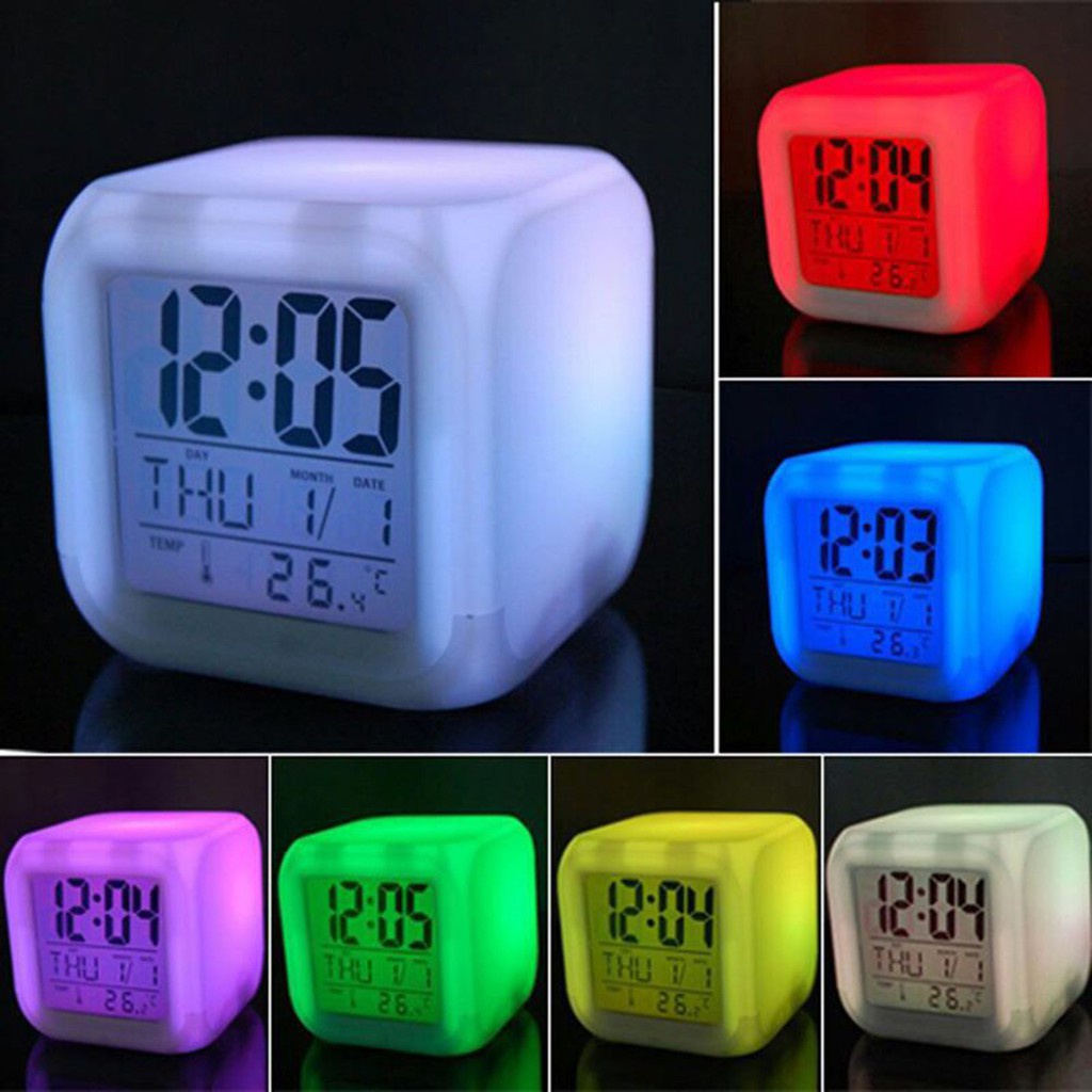 1Pcs Mini Square Digital LED Clock v 7 Colours Light Effect Colourful ...