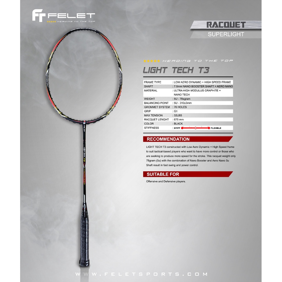 Felet Light Tech T3 Badminton Racket 78gram 5U (100% Original) | Shopee ...