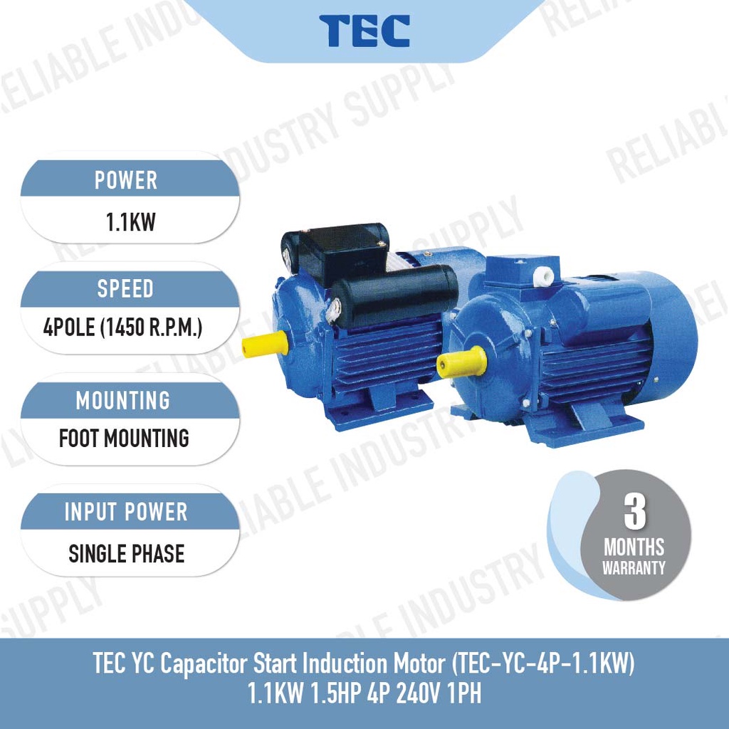 TEC YC Capacitor Start Induction Motor 1.1KW - 2.2KW (1.5HP - 3HP) 4Pole 240V/Single Phase Motor ...