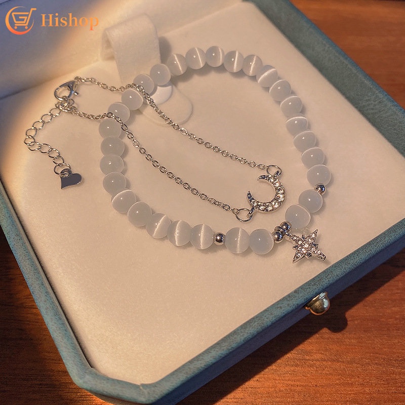 Crystal Star Moon Bead Bracelets Double Layer Elegant Silver Bracelet ...