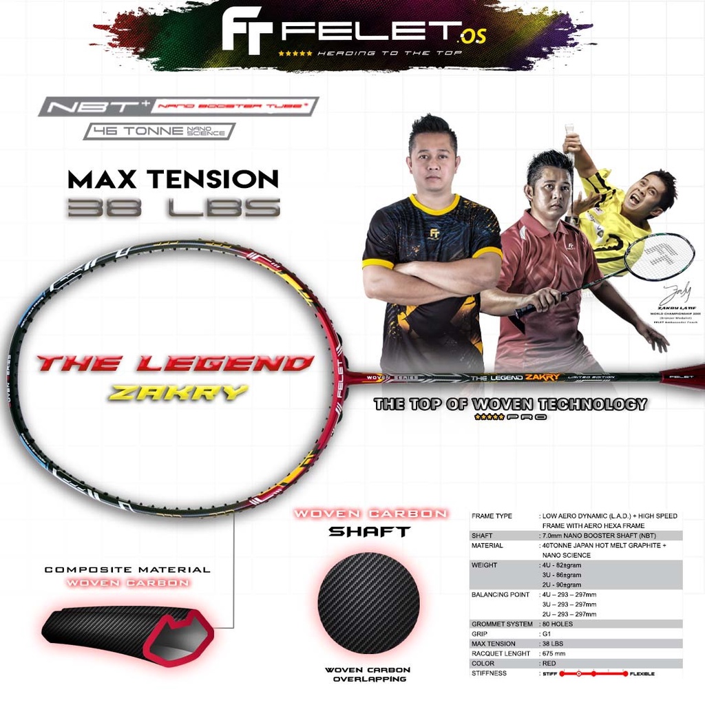 FELET The Legend Zakry V2 Red & Blue Badminton Racket 3U/4U | Shopee ...