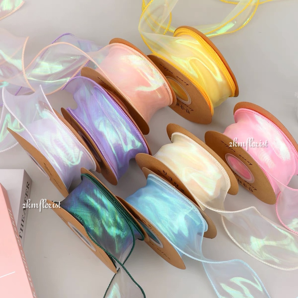 (9M) 4CM HOLOGRAM Ribbon Reben Riben Gift Satin Flower Bouquet Happy ...
