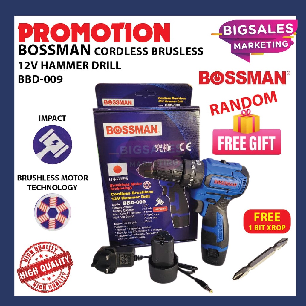 BOSSMAN 12V Li-Ion Cordless Brushless Impact Battery Drill Driver BBD ...