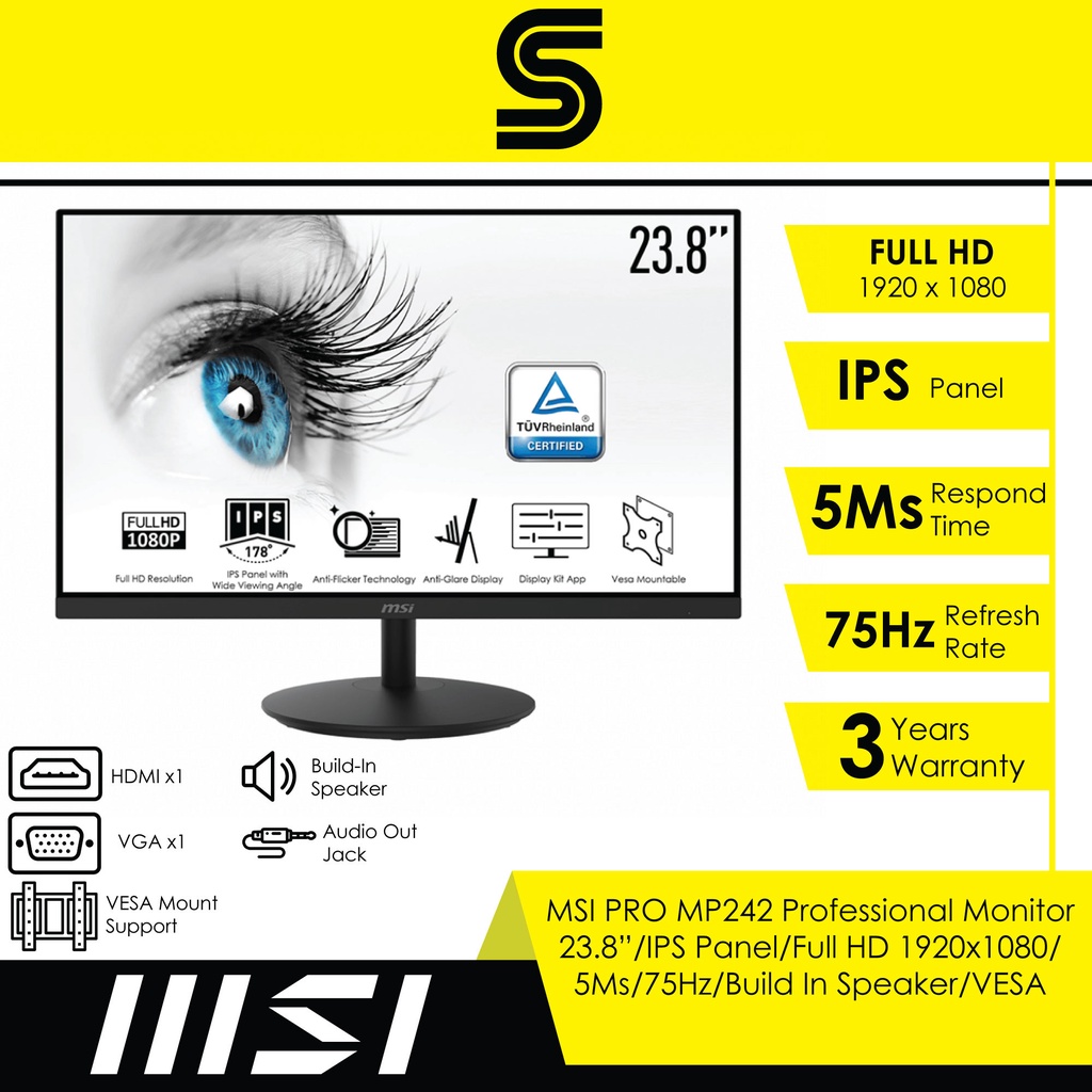 MSI PRO MP242 Professional Monitor 23.8”/IPS Panel/Full HD 1920x1080 ...