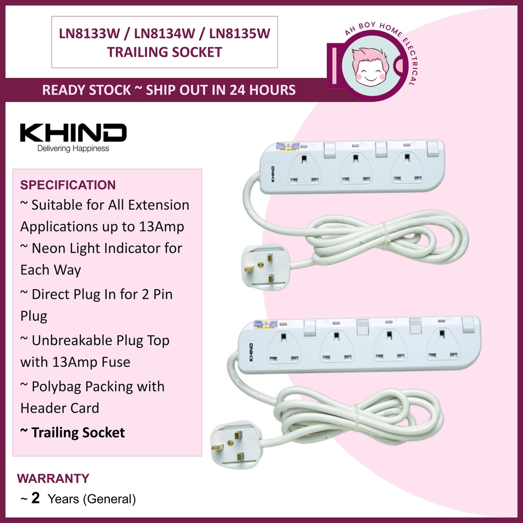 Khind 3 Way 4 Way 5 Way Trailing Socket 2m Ln8133w Ln8134w Ln8135w Shopee Malaysia