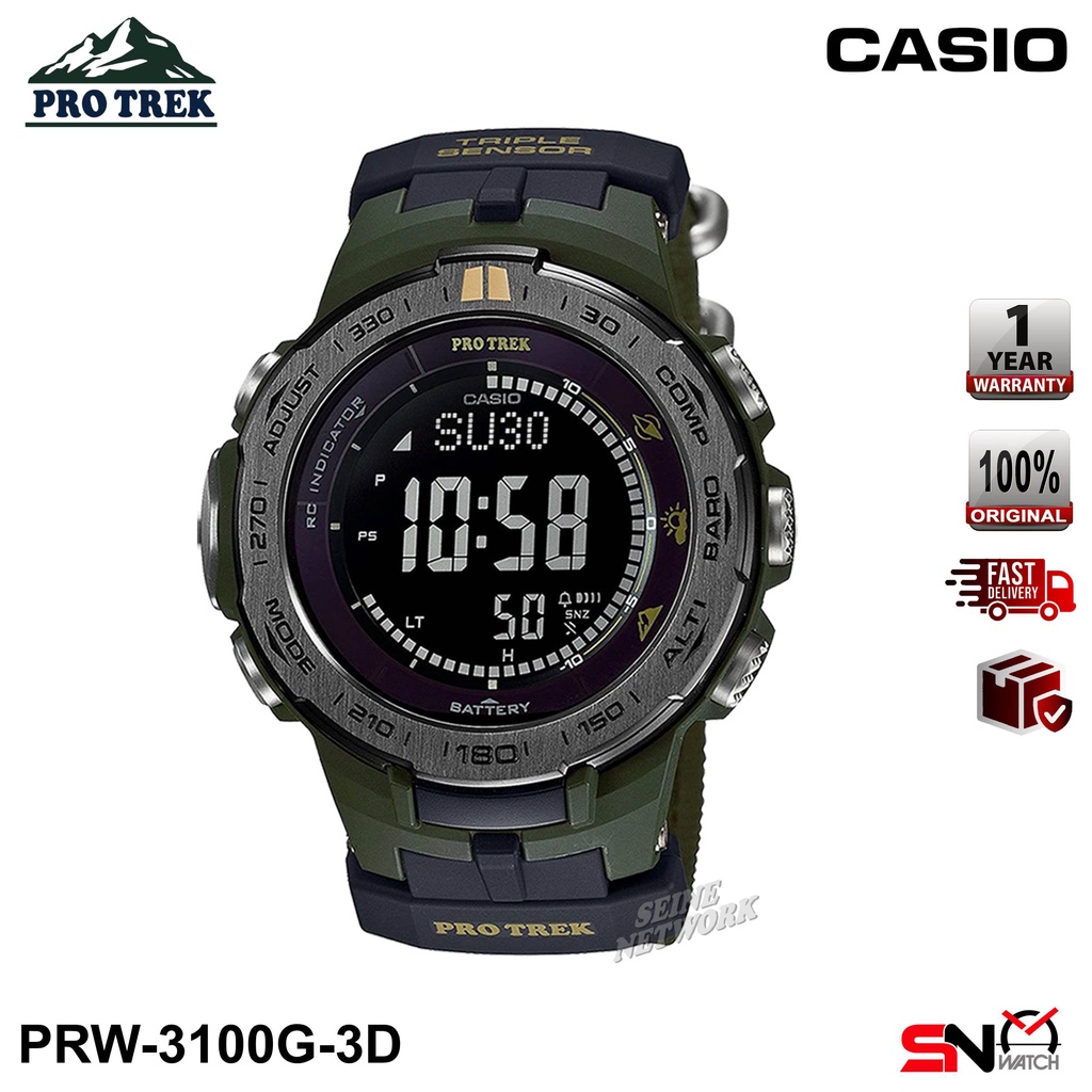 Casio Protrek PRW-3100G Triple Sensor Tough Solar Digital Fabric Canvas Band Men Sports Watch ...