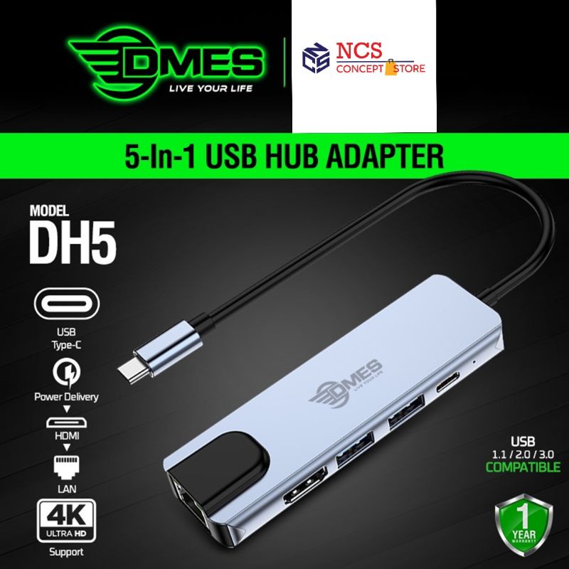 DMES DH5 Type-C 5 in 1 Multi Function USB Hub Adapter with Expansion Port USB 3.0 Port x2 / HDMI ...