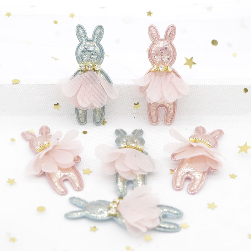 10Pcs 24*50mm Glitter Padded Patches Rabbit with Rhinestone Mesh Skirt ...