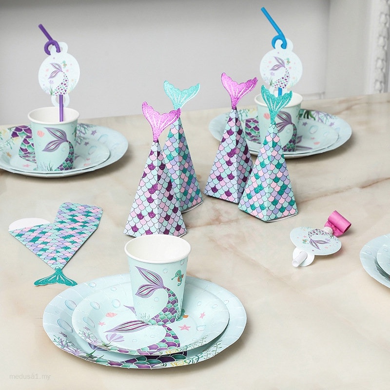 Mermaid Theme Disposable Tableware Mermaid Tail Tablecloth Banner Paper ...