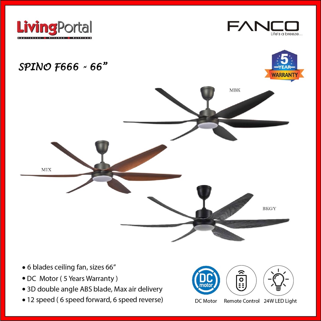 FANCO CEILING FAN -SPINO F666 -6 BLADES-DC MOTOR- 66"-MBK/MIX/MBK GREY | Shopee Malaysia