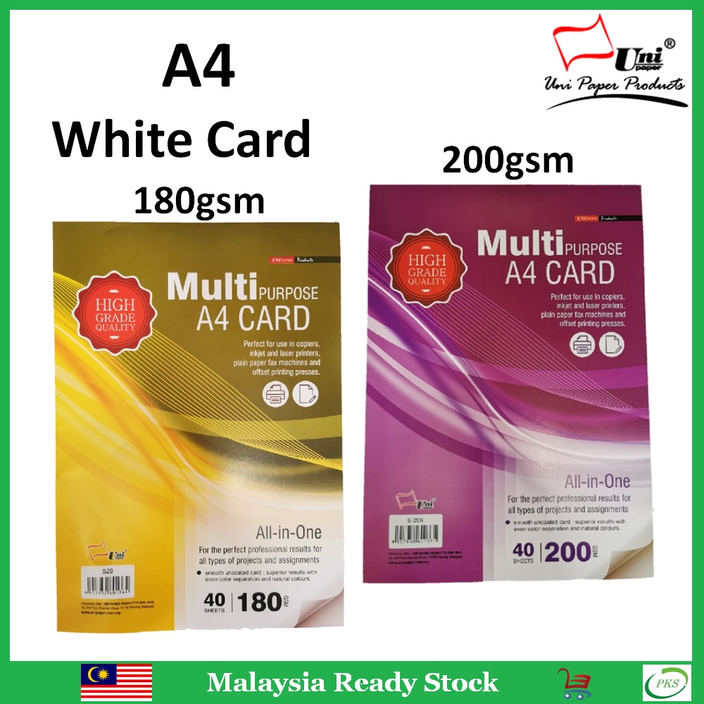 Uni Paper A4 Card White 180/200gsm 40 Sheets Pack (S-29/S-209) | Shopee ...