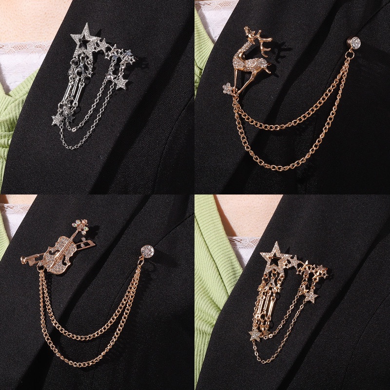 Double Tassel Deer Brooch Gold and Silver Pentagram Lapel Brooch Pin ...