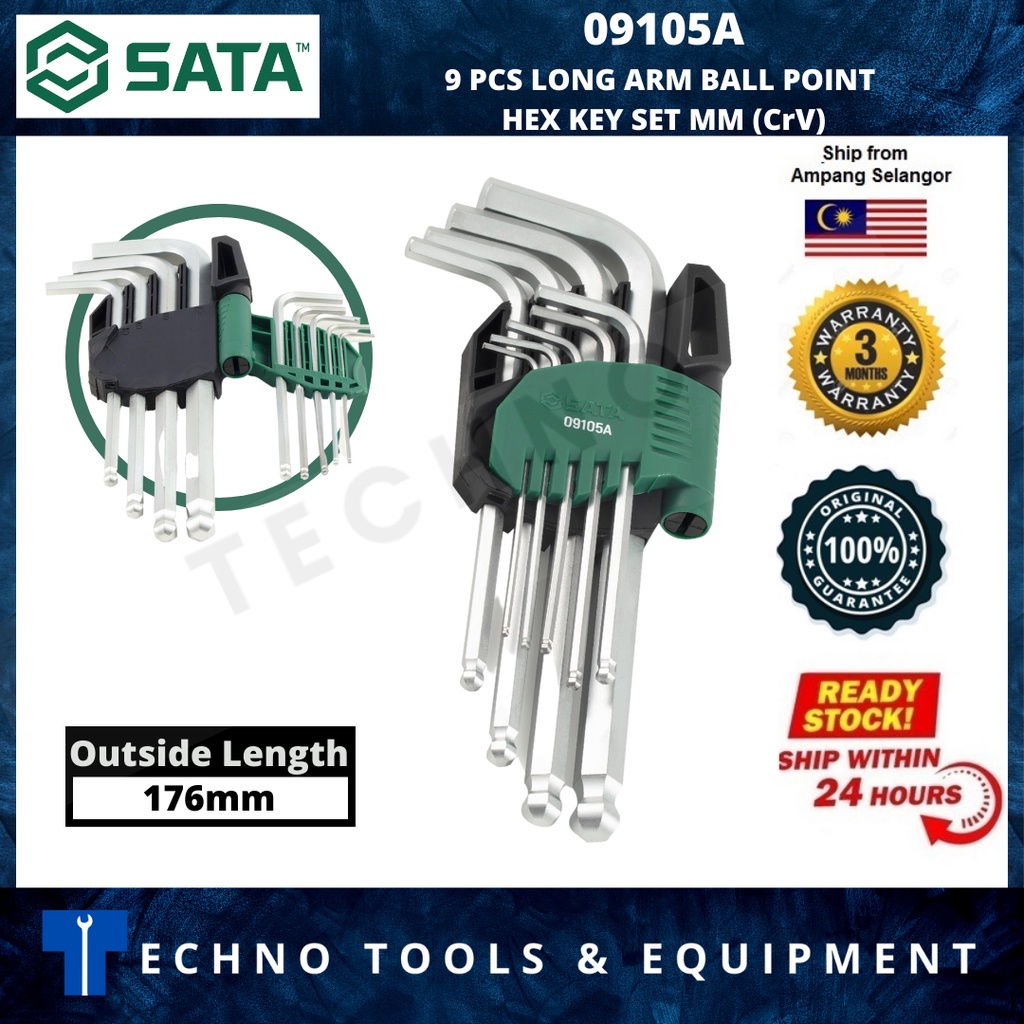 ALLEN KEY / HEXAGON KEY SET / SATA 09105A 9PCS LONG ARM BALL POINT HEX ...