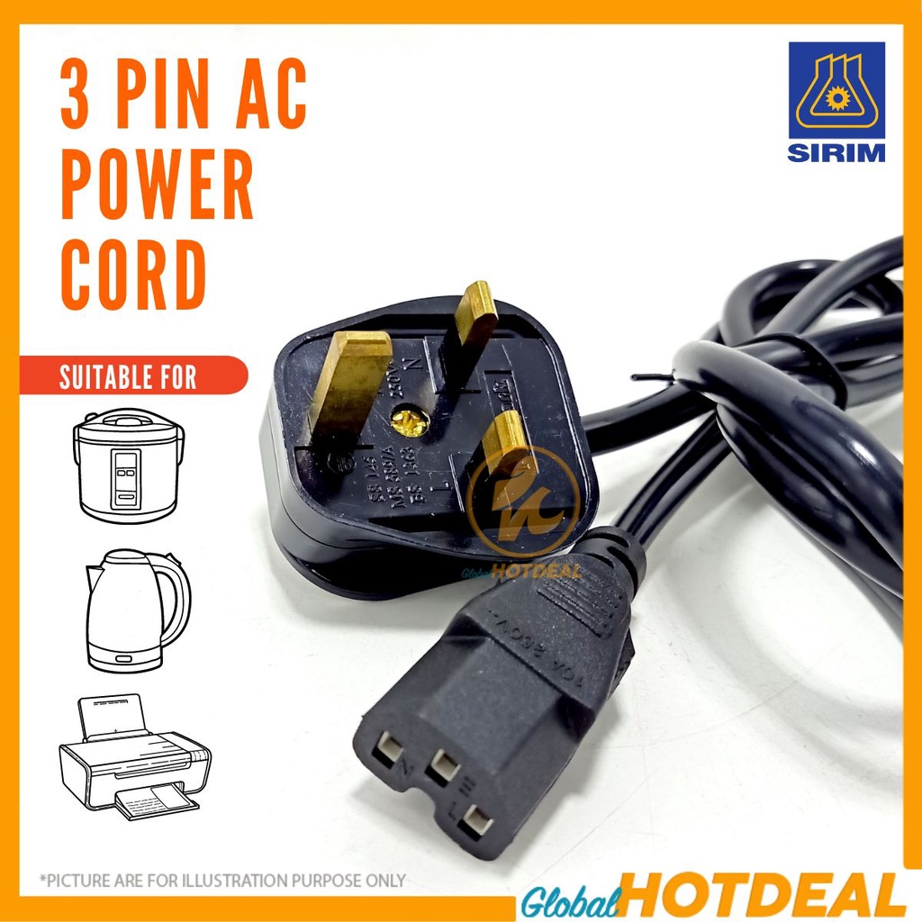 SIRIM Power Cord 3 Pin Plug Power Supply Cable Malaysia Plug 13A Fuse ...