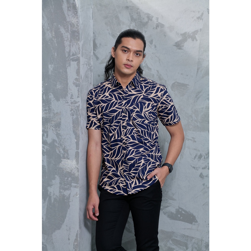 I Am Famous Slim Fit Shirt Navy Blue Leaf | Shopee Malaysia