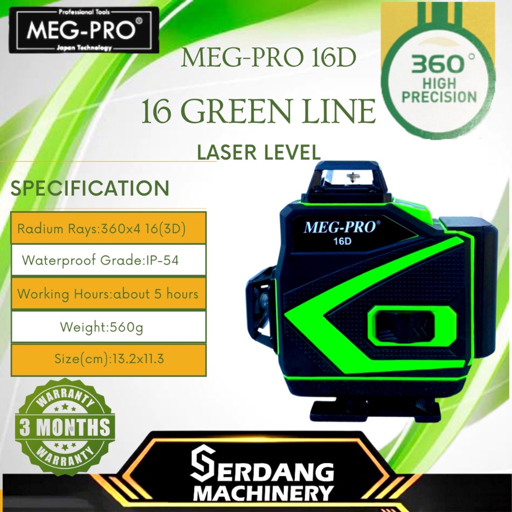 MEG PRO 360° Rotary 3D Green Laser Level 12/16 Lines Self Leveling ...