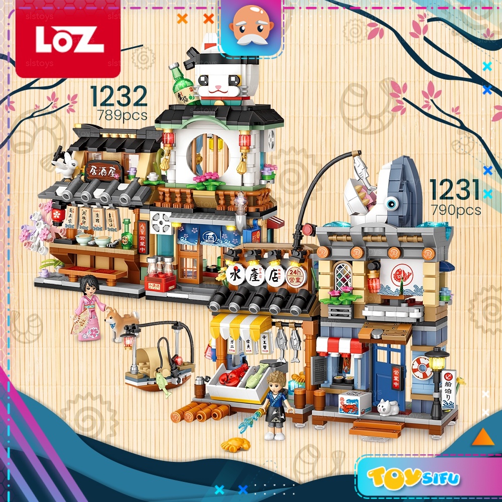 LOZ IDEAS Mini Block 1231 / 1232 Shark Cat Head Fish Market Drinking Shop Restaurant Japanese ...