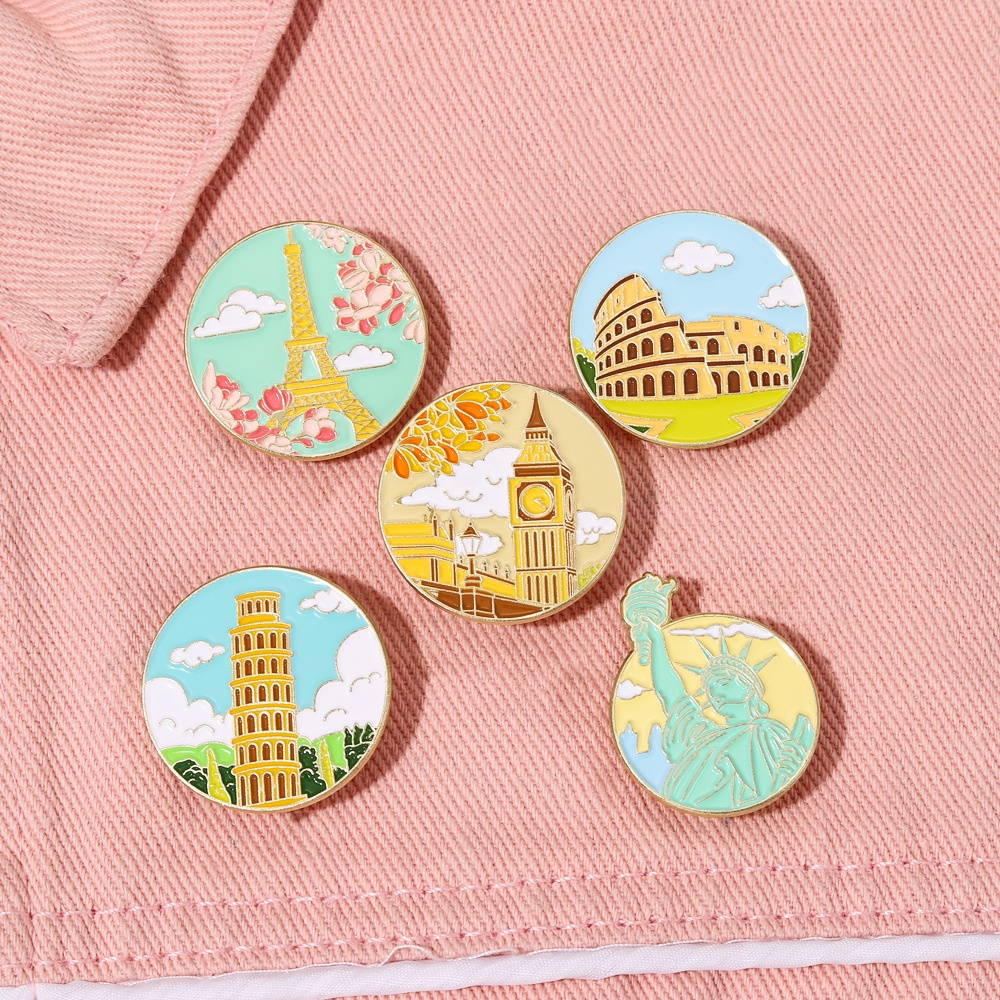 Creative Landscape Round Enamel Pin Leaning Tower Brooch Badges Collar ...