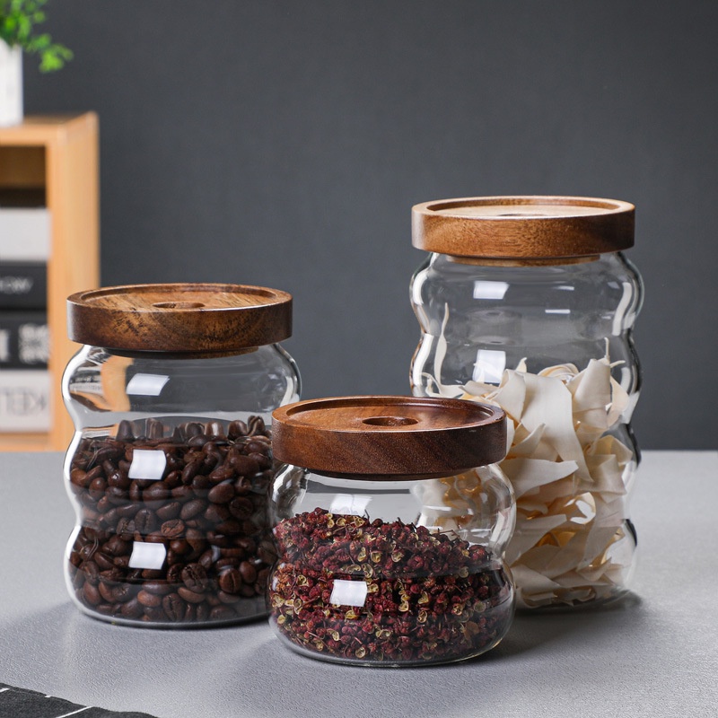 Household Glass Bottles with Wooden Lid Storage Sealed Canned Tea ...